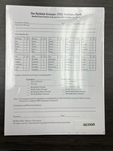 DYSLEXIA DETERMINATION TEST SUMMARY FORMS – Sacor Inc.